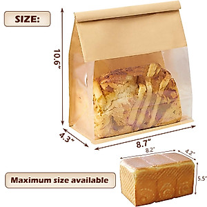 Heavy Duty Large Kraft Paper Bread Bags with Tin Tie Tab Lock 50pcs, Loaf Bag with Clear Front Window, Storage Packaging Treat Bag for Bakery Cafe Homemade Bread 10.6” × 4.3” × 8.7”