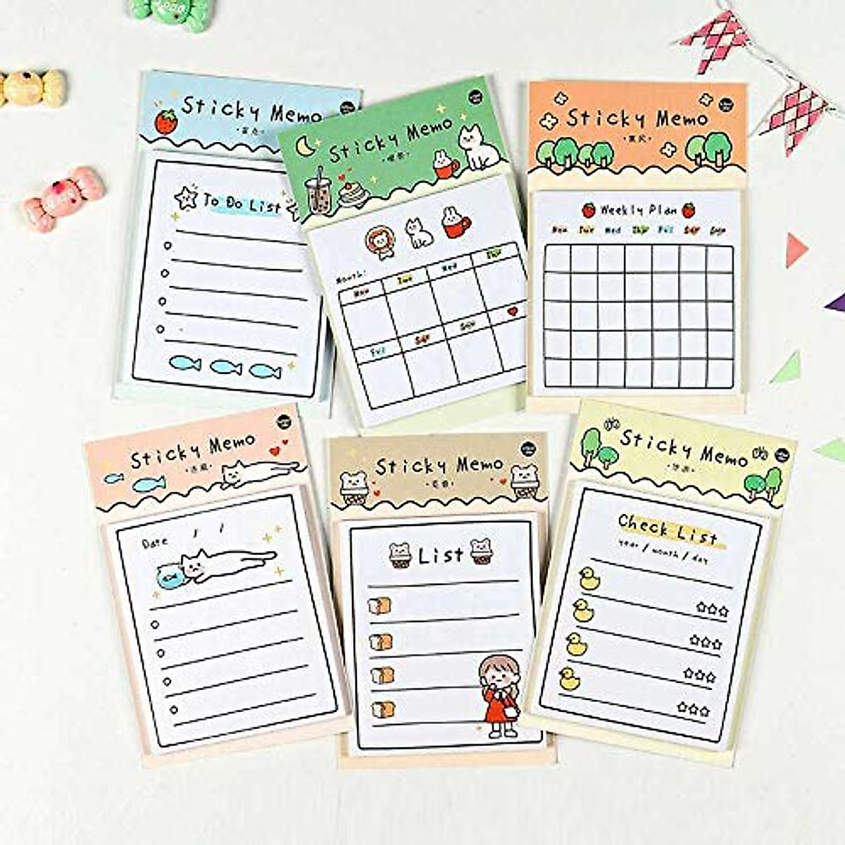 DzdzCrafts Cat Weekly Daily Monthly Planner Check List 6-Packs 180 Sheets 3.4" x 5.2" Sticky Notes Notepads Self-Stick Memo Pads