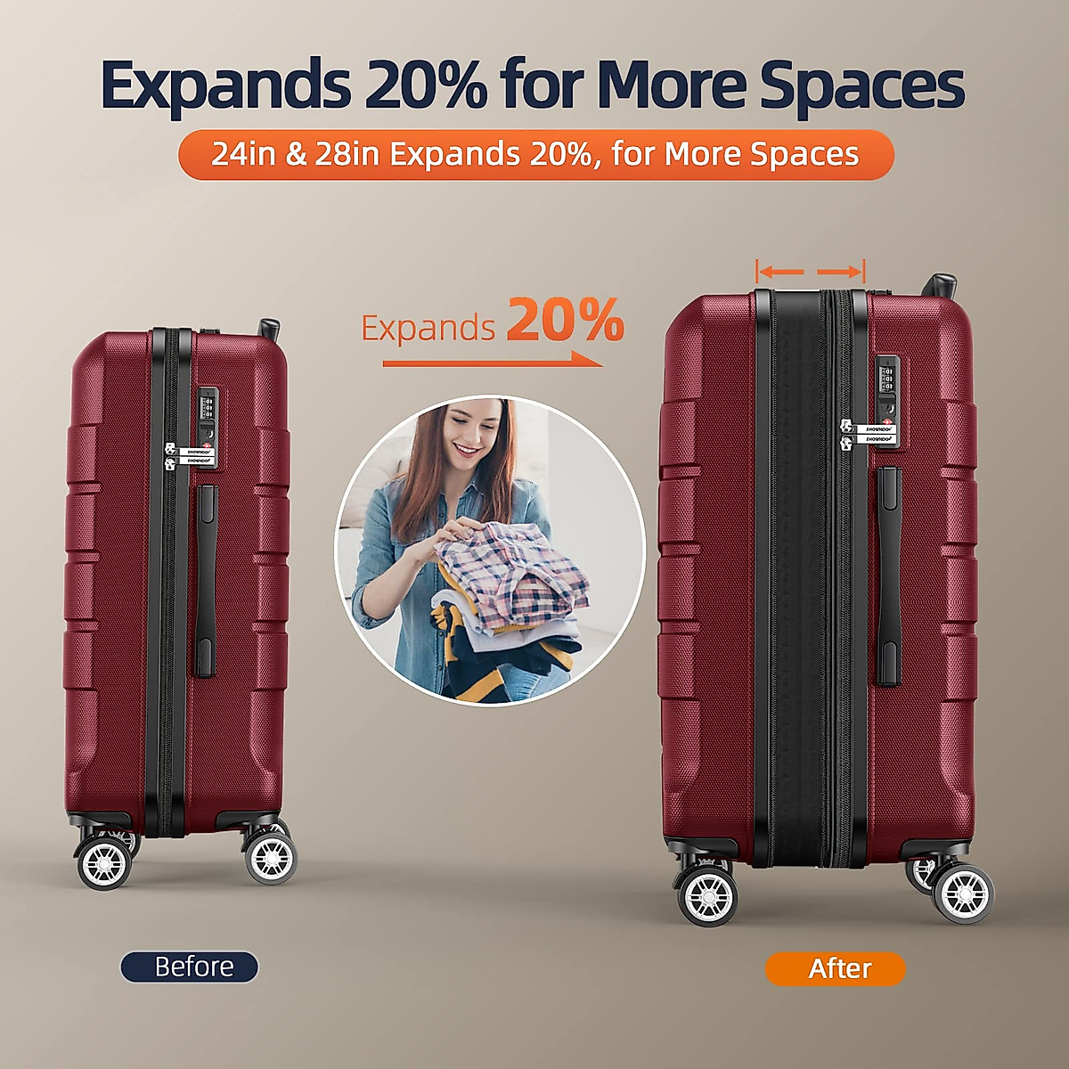 SHOWKOO Luggage Sets Expandable PC+ABS Durable Suitcase Double Wheels TSA Lock 3pcs Red Wine