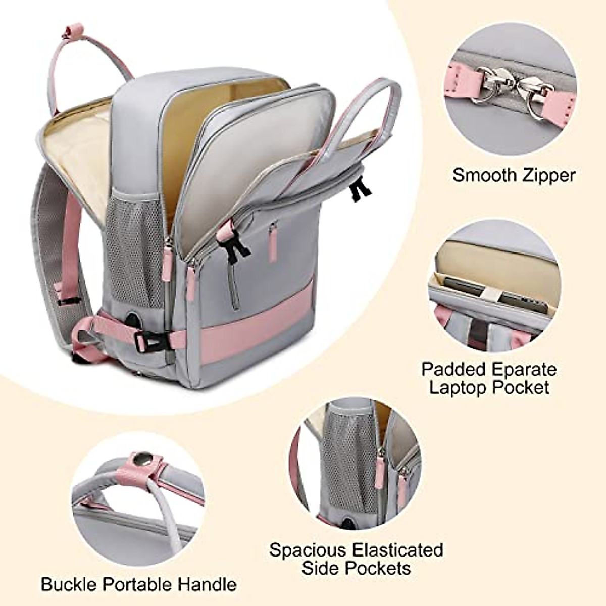 InduSKY Large Travel Backpack for Women, 40L Carry On Backpack Airline Flight Approved with USB Charging Port Shoes Compartment, Personal Luggage Backpack Casual Daypack 15.6 Inch Laptop Backpack