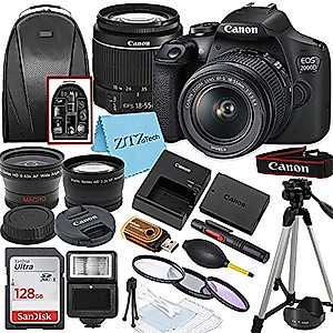 Canon EOS 2000D / Rebel T7 DSLR Camera with EF-S 18-55mm Zoom Lens + SanDisk 128GB Memory Card + Tripod + Case + Wideangle Lenses + ZeeTech Accessory Bundle (20pc Bundle) (Renewed)