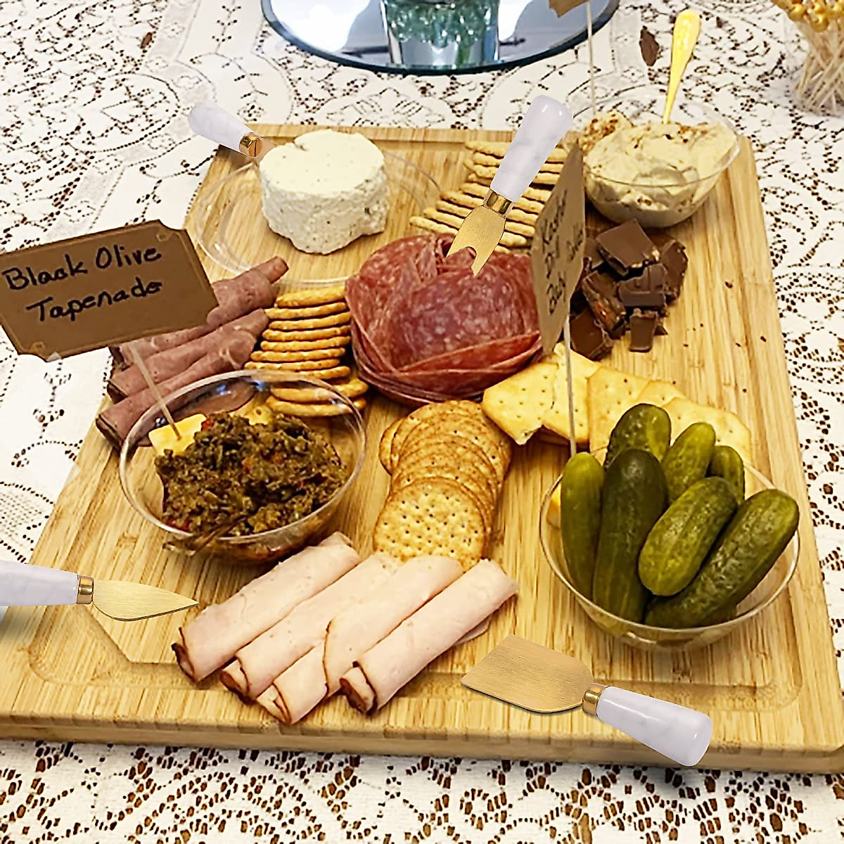 Funland 4PCs Gold Cheese Knife Spreader Set, Cute Butter Knife Slicer with Marble Handle, Cheese Spredering, Fruit Fork and Spatula for Jams - Cheese Board Accessories for Holiday, Weddings, Parties