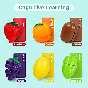 HOLYFUN 100 PCS Cutting Play Food Toy for Kids Kitchen, Pretend Fruit & Vegetables Accessories with Shopping Basket, Plastic Mini Dishes, Play Money, Perfect Educational Toy for Toddlers Boys & Girls