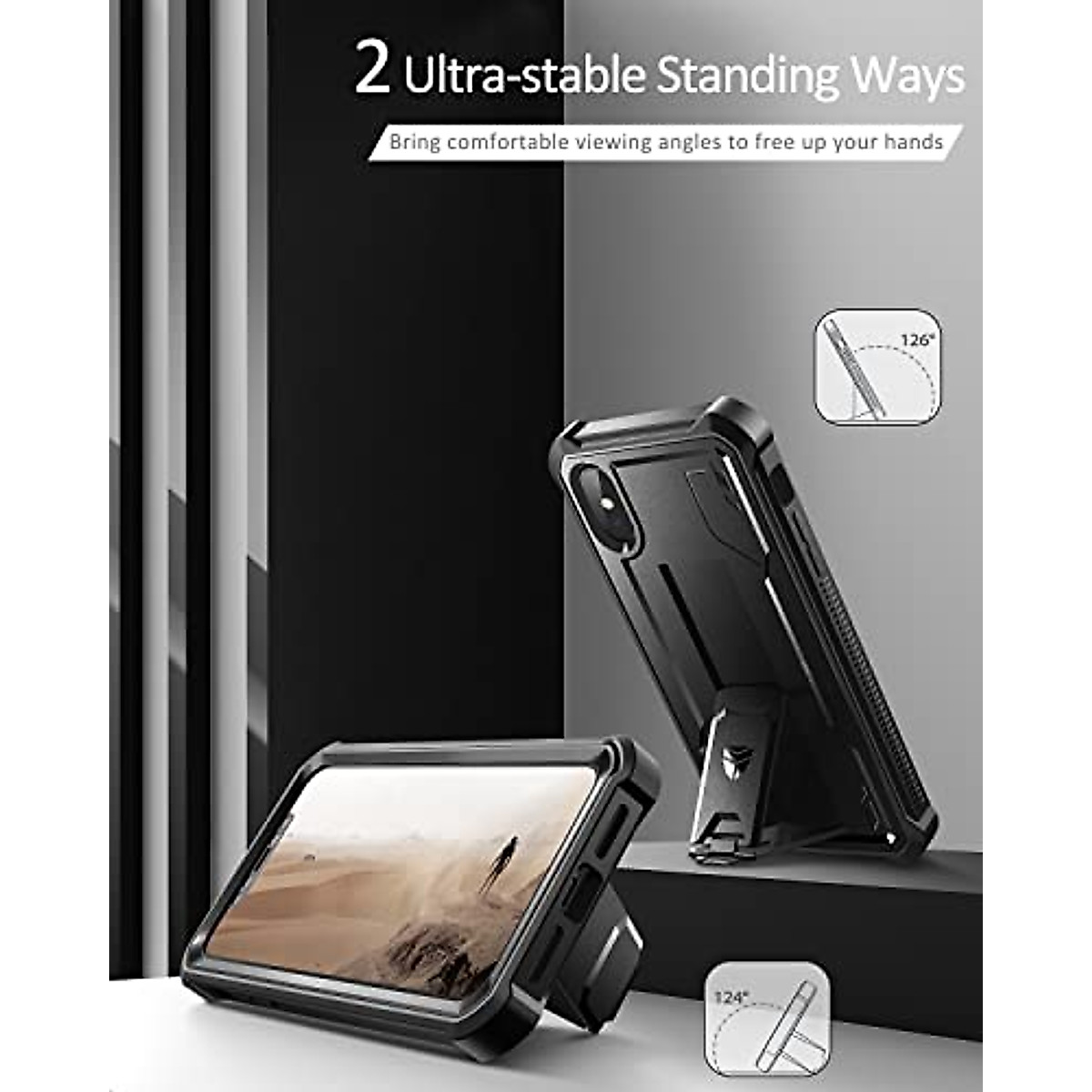 Dexnor for iPhone X/iPhone Xs Case, [Built in Screen Protector and Kickstand] Heavy Duty Military Grade Protection Shockproof Protective Cover for iPhone X/iPhone Xs, Black