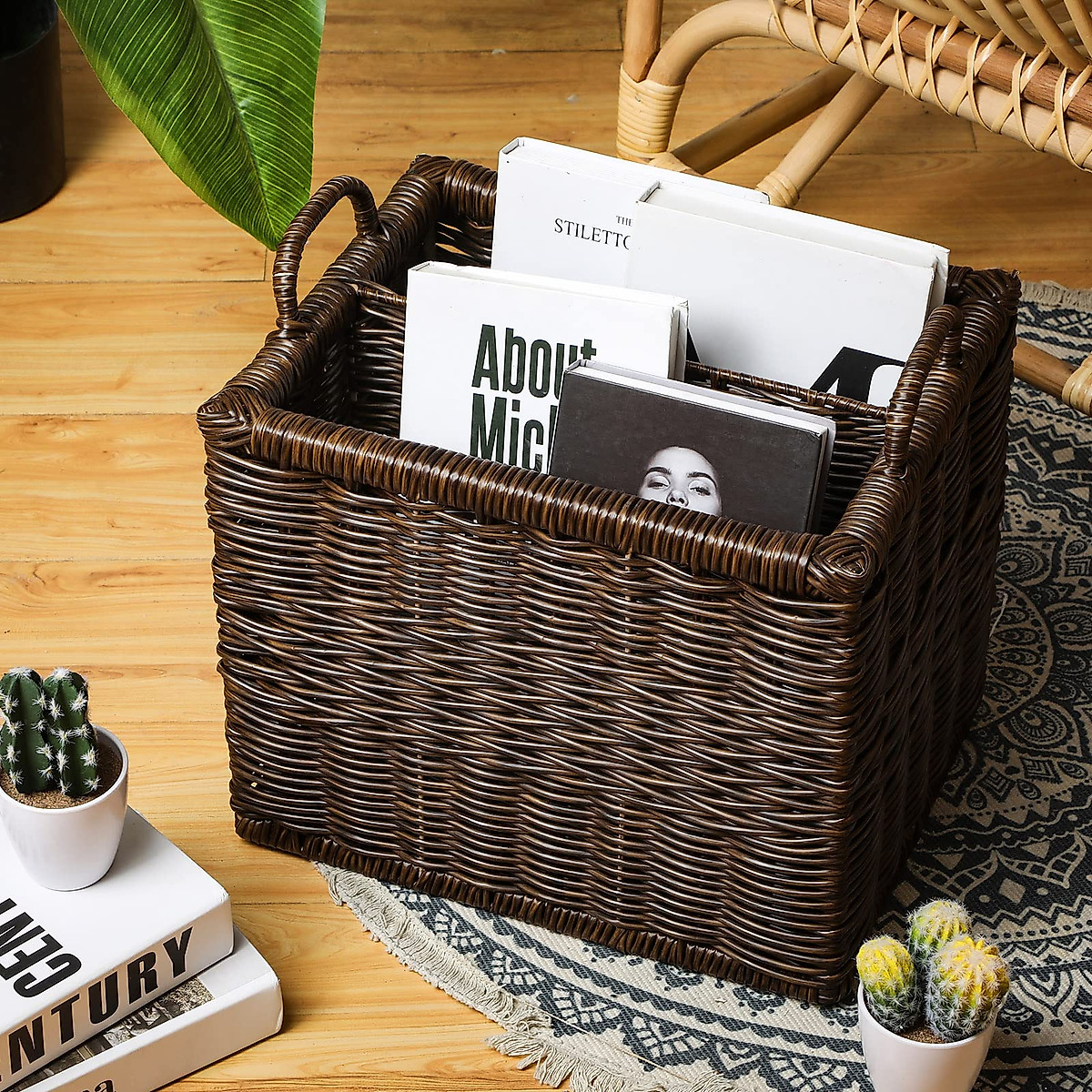 Qunclay Magazine Basket Wicker Divided Magazine Basket Rectangular Wicker Newspaper Holder, 15.4 x 12 x 12.6 Inch (L x W x H), Antique Walnut Brown