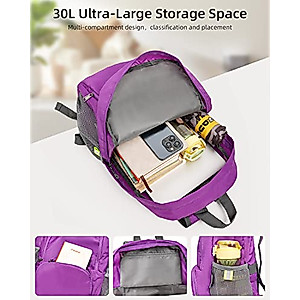 MULISOFT 30L Foldable Hiking Backpack, Lightweight Camping Backpack for Outdoor, Travel, Water-Resistant day backpack for Men & Women, Multifunctional Daypack with 8 Compartments, Purple
