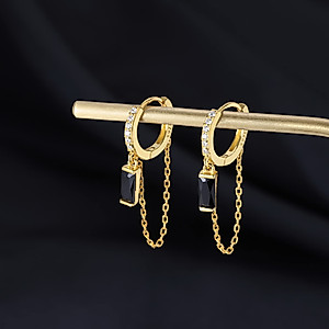 SLUYNZ 925 Sterling Silver Dangle Hoop Earrings for Women Minimalist Black CZ Hoop Earrings Tassel Chain (B-Gold Plated)