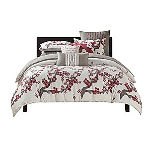 N Natori Cherry Blossom Duvet Cover Queen Size - Red, Grey , Cherry Blossom Duvet Cover Set – 3 Piece – 100% Cotton Sateen Light Weight Bed Comforter Covers