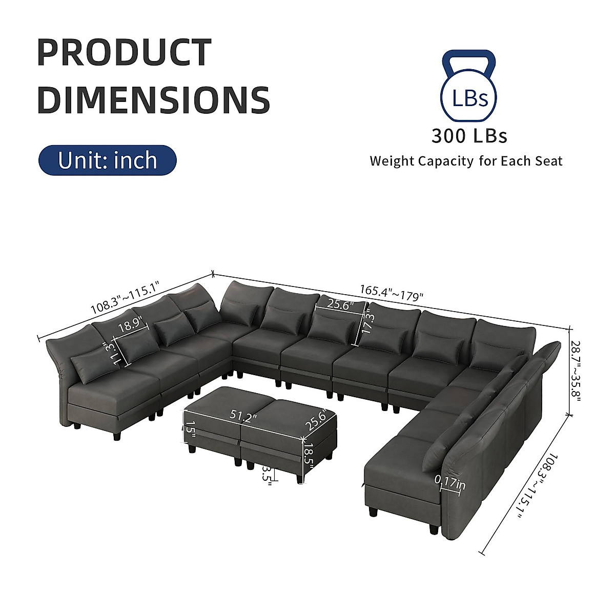 LLappuil Oversize Faux Leather Sectional Sofa U Shaped Modular Couch with Storage Sectioanl Sofa Couch for Living Room, Dark Grey