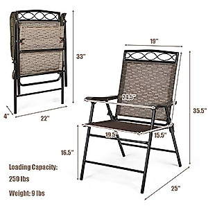 SILKYDRY Set of 4 Folding Patio Chairs, Portable Porch Chairs w/Armrests & Metal Frame, 4-Pack Patio Dining Chairs Outdoor Furniture for Beach, Backyard, Balcony, Deck & Garden (4 pcs, Brown)
