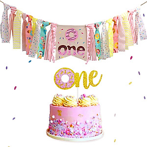 Vansolinne Donut 1st Birthday Party Decorations Kit, Sweet One High Chair Banner Donut Grow Up Photo Booth Props Party Supplies Cake Topper First Birthday Gifts and Souvenir for Baby Girl