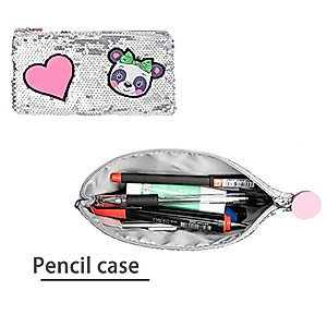 JSMNIAI Girls Rolling Backpack Sequin Panda Rolling Wheels Backpacks for Elementary Preschool Roller Luggage with Lunch Box