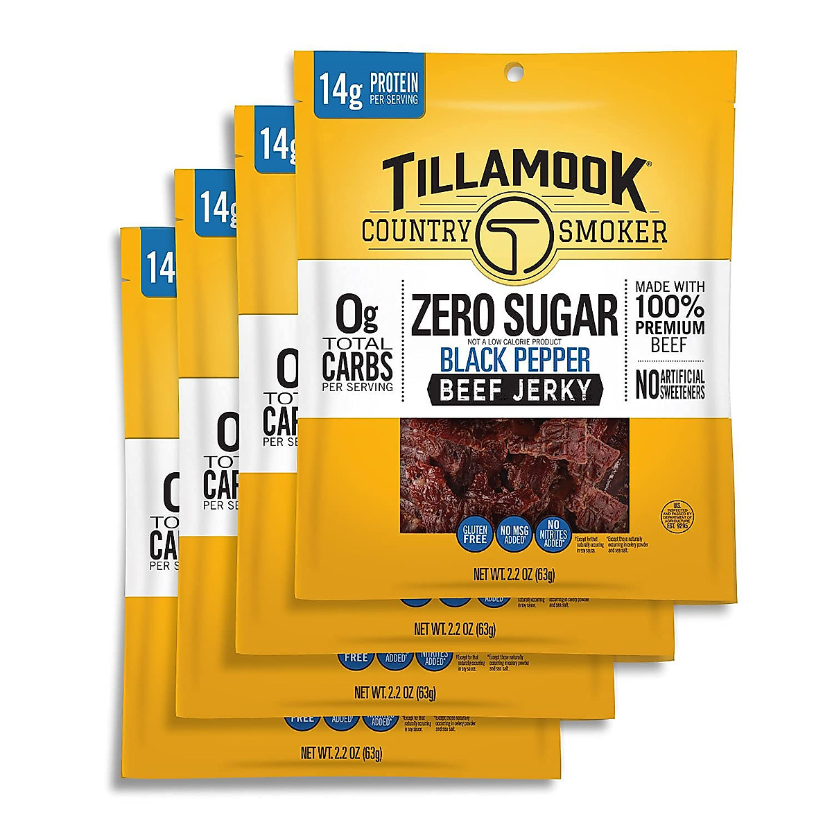 Tillamook Country Smoker Keto Friendly Zero Sugar Beef Jerky, Black Pepper, 2.2 Ounce (Pack of 4)