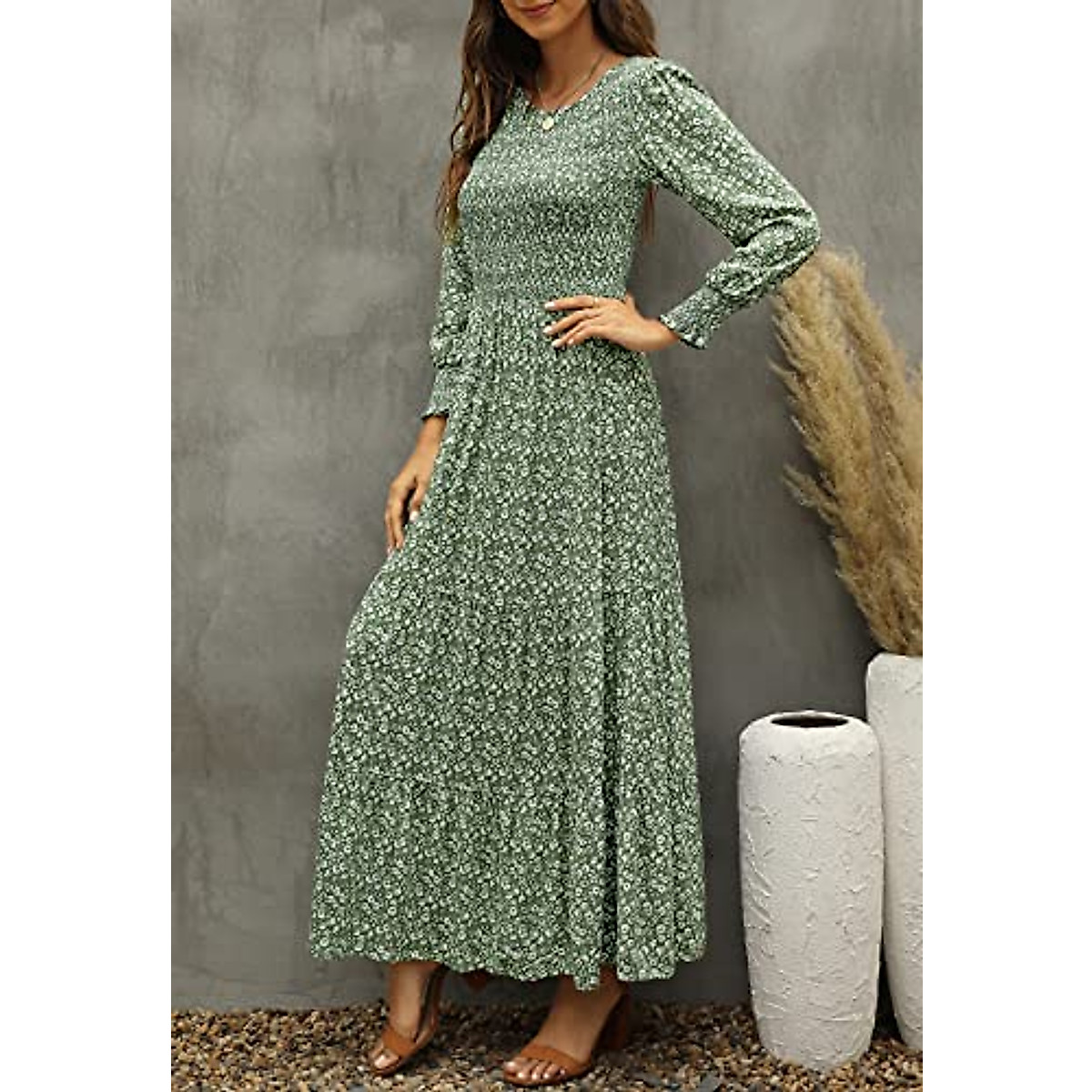 Annebouti Women's 2023 Fall Casual Long Sleeve Maxi Dress Boho Tiered Smocked Office A-Line Modest Floral Long Dresses for Women Olive M