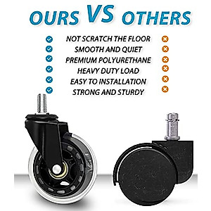 3" Office Chair Caster Wheels with M10x20 mm Threaded Stem, 360 Rotation Heavy Duty Polyurethane Office Chair Caster for All Floors Including Hardwood, Carpet and Tile, No Need Floor Mat. (Set of 5)