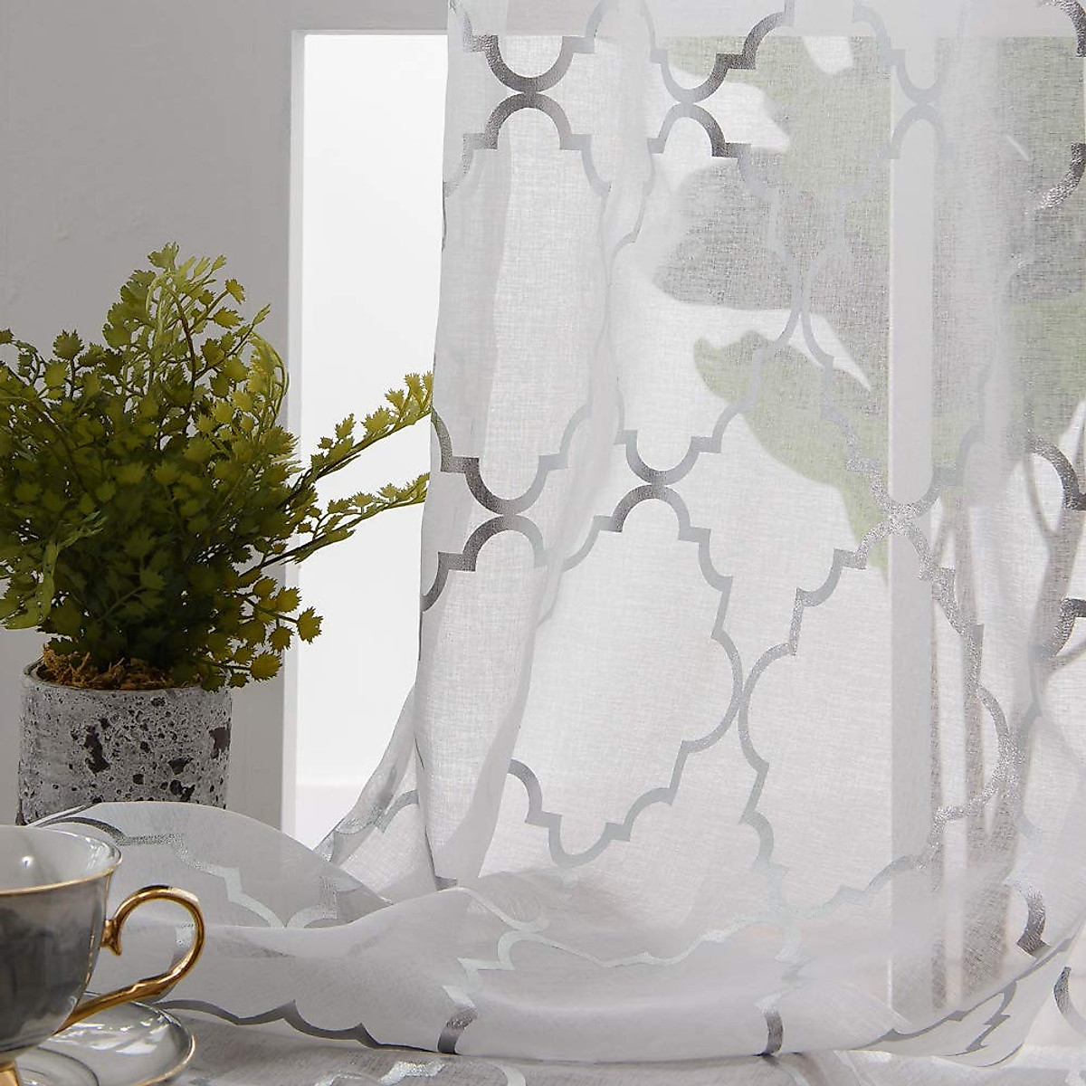 YJ YANJUN White Silver Kitchen Curtains 45 Inch Length Metallic Prin Short Curtains for Small Window Sheer Curtains 45 inch Length Set of 2 Panels 52 W x 45 L Inch White/Silver