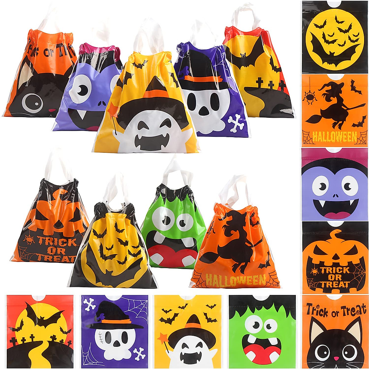 DIYASY 72 Pcs Halloween Drawstring Treat Bags for Kids, Small Plastic Candy Bags with Handle for Kids Trick or Treat Halloween Party Favors Supplies