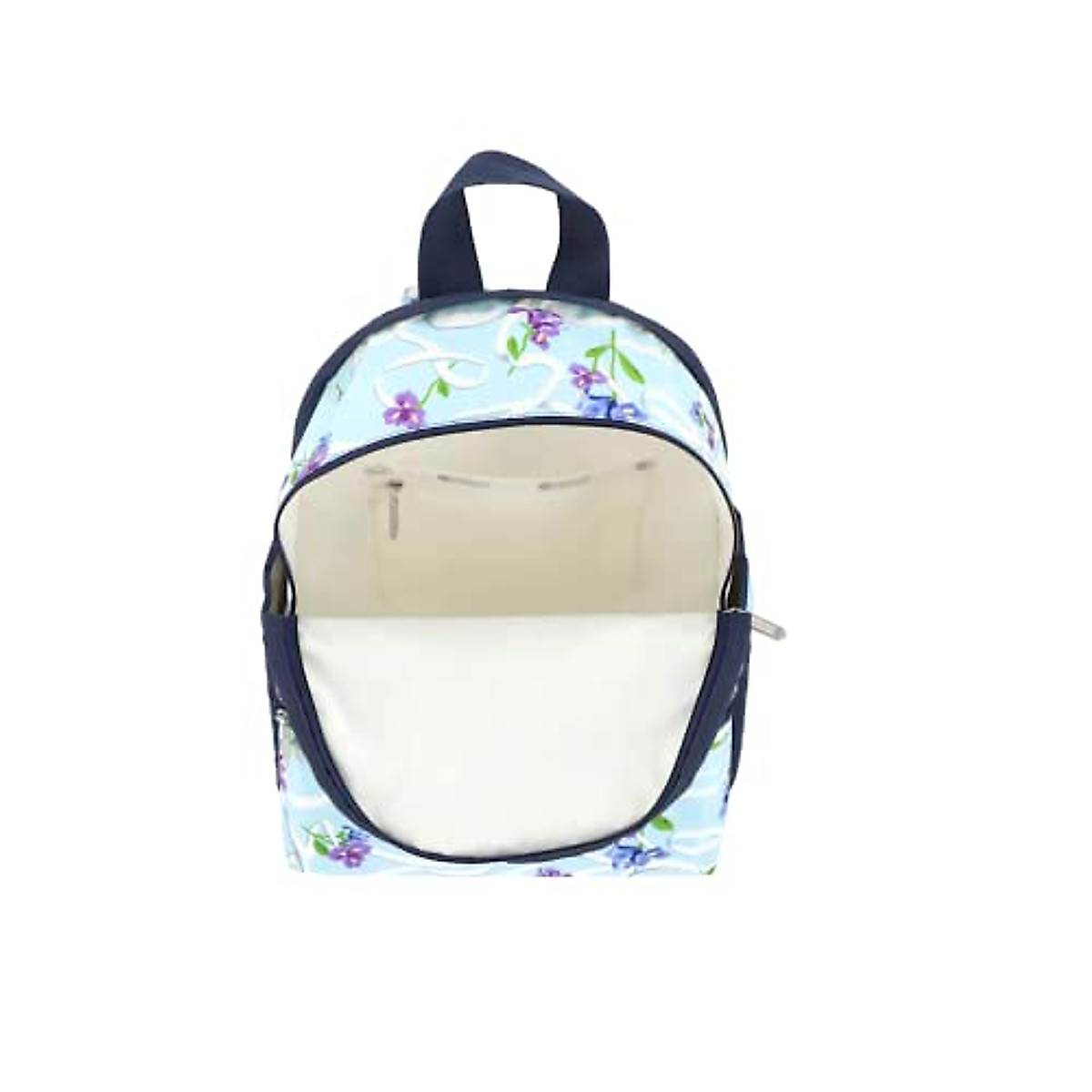 LeSportsac Ribbons Of Hope Basic Backpack/Rucksack, Style 7812/Color G823, Artful Indigo & Violet Iris Flowers, Elegant White Ribbons, Dreamy Aqua Blue Bag, Cancer Awareness