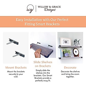 Willow & Grace Designs Modern Rustic Wooden Easily Mounted Floating Wall Shelves for Home Living Rooms and Bedrooms, Rustic Gray, 24 Inch, (Set of 2)