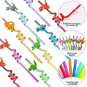 24 Pieces Reusable Dinosaur Straws Plastic Dinosaur Straws for Kids Safari Jungle Dinosaur Theme Straws for Dinosaur Party Decoration Supplies Birthday Party Favors, 8 Styles