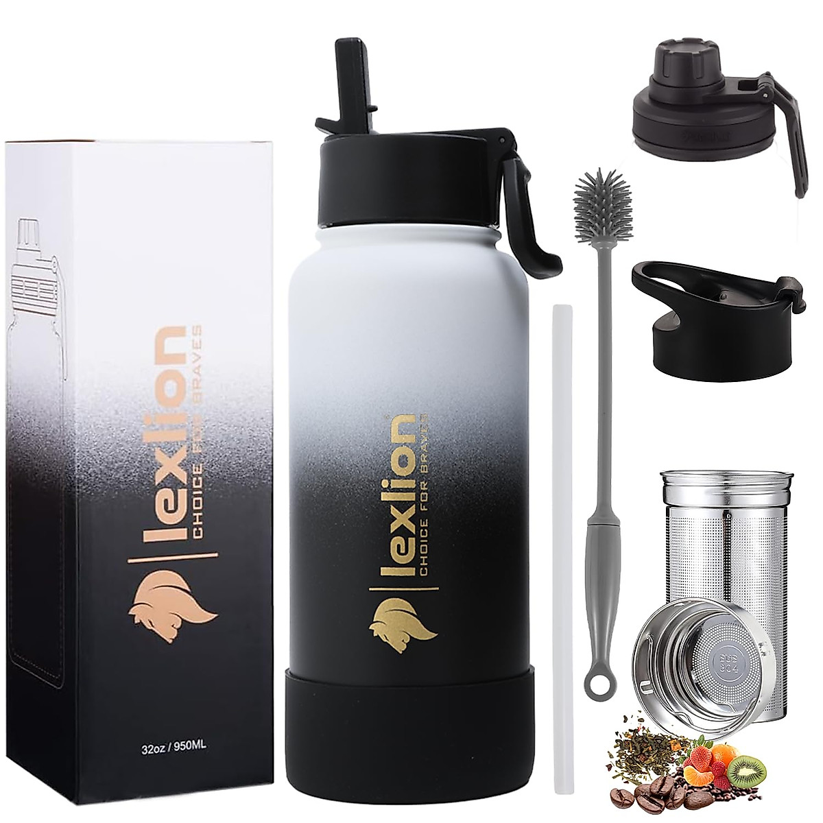 Lexlion Tea Infuser Bottle - Fruit Infuser Water Bottle 32 Oz, Triple Walled Insulated Stainless Steel Bottle, Thermal Leaf Infuser, Silicone Sleeve, 3 Lids Leakproof, Metal Mug Gallon