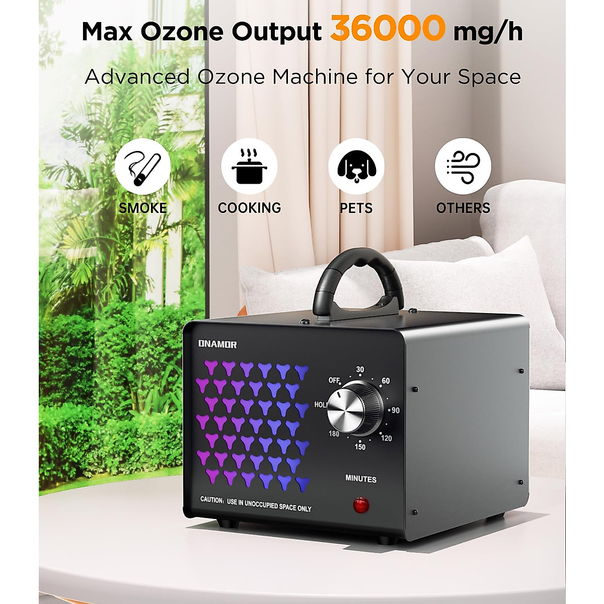 ONAMOR Ozone Generator Odor Eliminator 36000mg/h, High Capacity Ozone Machine Odor Removal Up to 6000 Sq.Ft, Ionizer Ozonator for Smoke, Car, Basement And Pet Room, Black