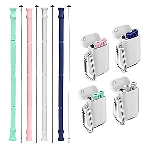 Vantic Collapsible Reusable Silicone Straws - 4Packs Portable Folding Drinking Straw BPA Free with Travel Case & Cleaning Brush for 16 or 20 or 30 oz Tumblers - Blue/Teal/Pink/Gray