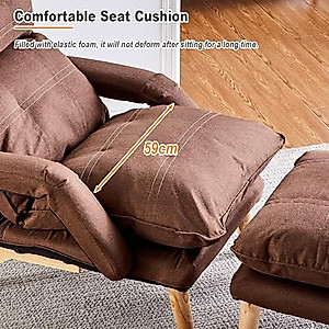 CLIPOP Modern Living Room Accent Chair with Ottoman, Comfy Linen Armchair with Adjustable Backrest(5 Angles), Solid Wood Legs, Leisure Upholstered Single Sofa Chair with Footrest, Brown