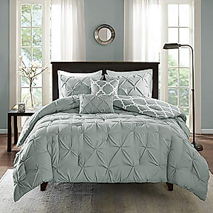 Madison Park Essentials Kasey Cozy Comforter Set - Fretwork Design, All Season Bedding with Matching Shams, Decorative Pillow, Queen (90in x 90 in), Diamond Grey Comforter 5 Piece