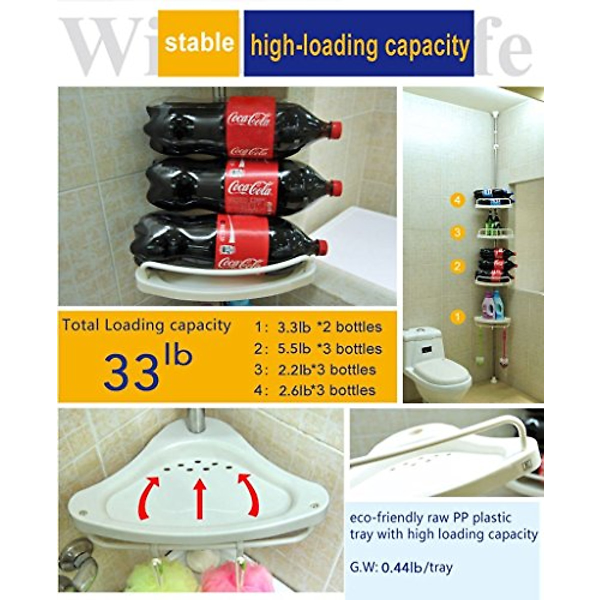 Alice Constant Tension Shower Caddy Pole, Commecial Grade Rustproof Corner Rack - Ivory