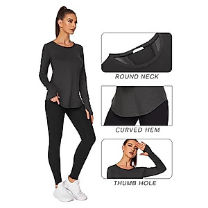PINSPARK Long Sleeve Workout Tops for Women Yoga Shirts Moisture Wicking Gym Top Athletic Clothes with Thumbholes Black L