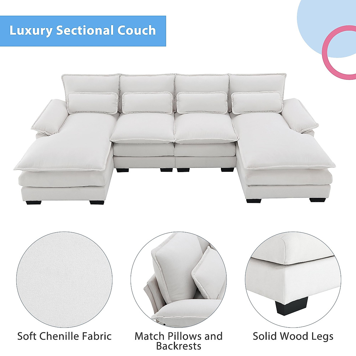 GNIXUU 109.8“ Sectional Sofa Cloud Couch for Living Room, Modern Chenille Large Overstuffed U Shaped Couch, Comfy Modular Sofa Sleeper with Double Chaise & Cushions(White)