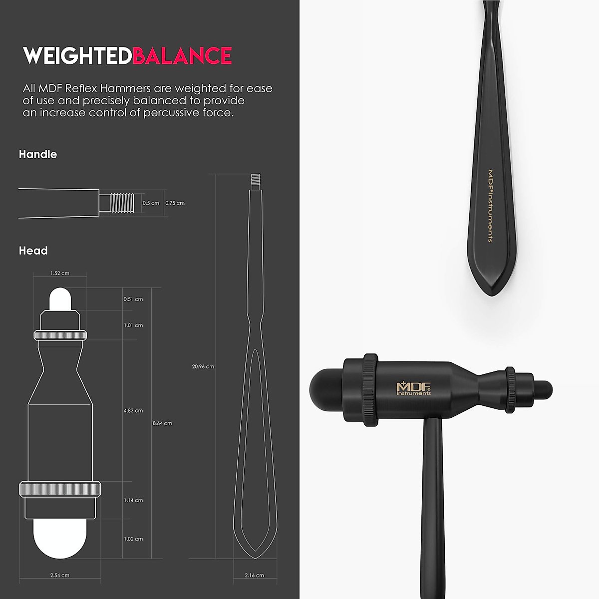 MDF Instruments, Tromner Neurological Reflex Hammer with Pointed Tip Handle for Cutaneous and Superficial Responses - Free-Parts-for-Life (MDF555) (All Black (Blackout))