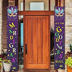 Littleloverly Mardi Gras Hanging Banner New Orleans Party Decorations - Mardi Gras Porch Hanging Banner Welcome Sign for Masquerade Party Outdoor Indoor Decorations