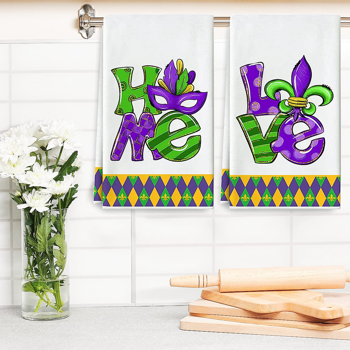 AnyDesign Mardi Gras Kitchen Dish Towel Purple Green Diamond Lattice Print Kitchen Towel 18 x 28 Inch Home Love Gnome Hand Drying Tea Towel for Carnival Cooking Baking Cleaning Wipes, 4Pcs