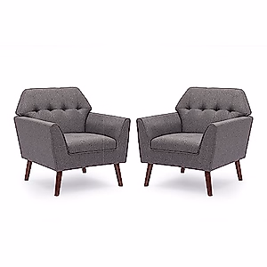 Kingfun Accent Chairs Set of 2 for Bedroom, Midcentury Modern Accent Arm Chair for Living Room, Linen Fabric Comfy Reading Chair, Tufted Comfortable Sofa Chair, Upholstered Single Sofa,Grey
