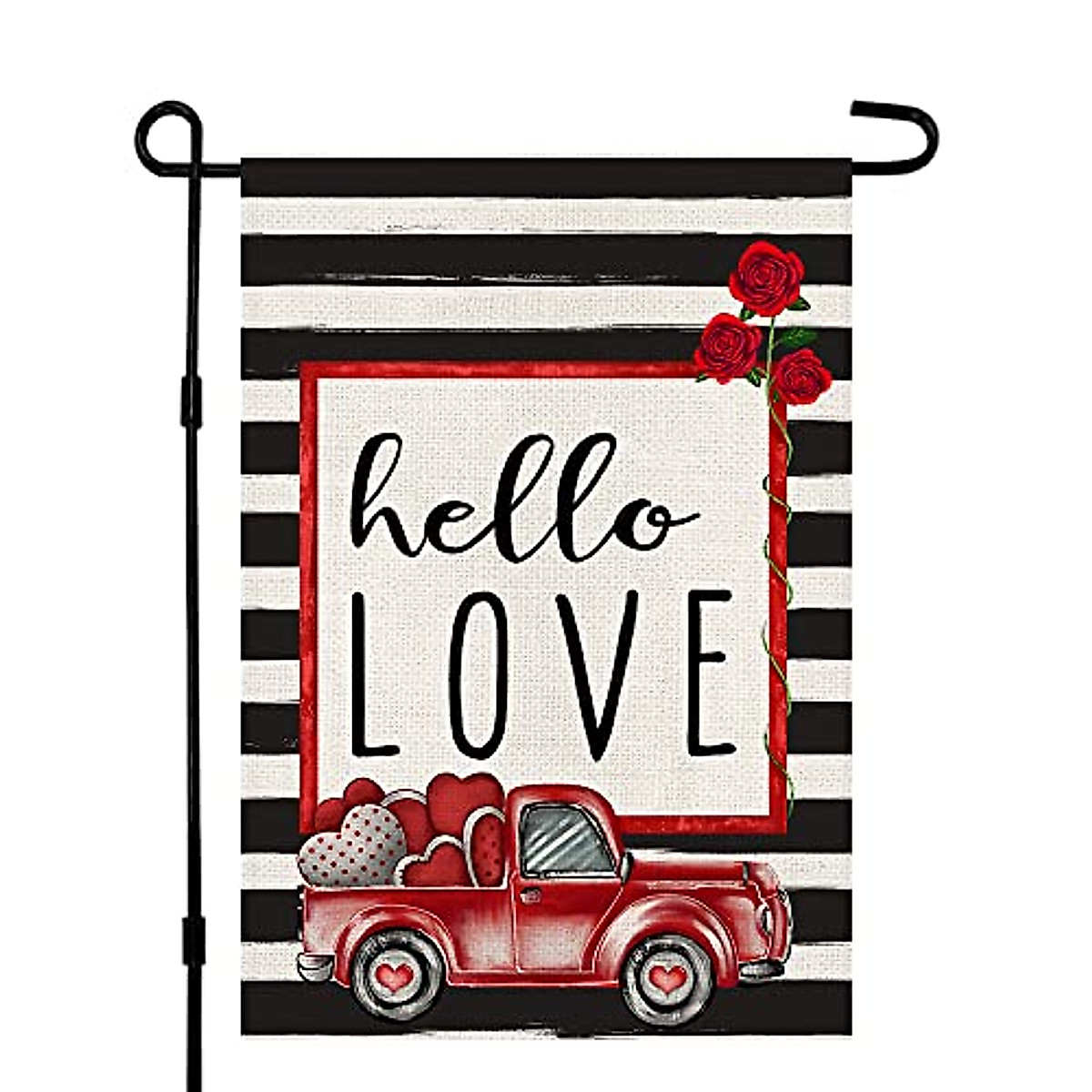 Hello Love Valentines Day Garden Flag Burlap 12×18 Inch Vertical Double Sided, Red Truck and Love Farmhouse Rustic Seasonal Yard Outdoor Decorations DF165