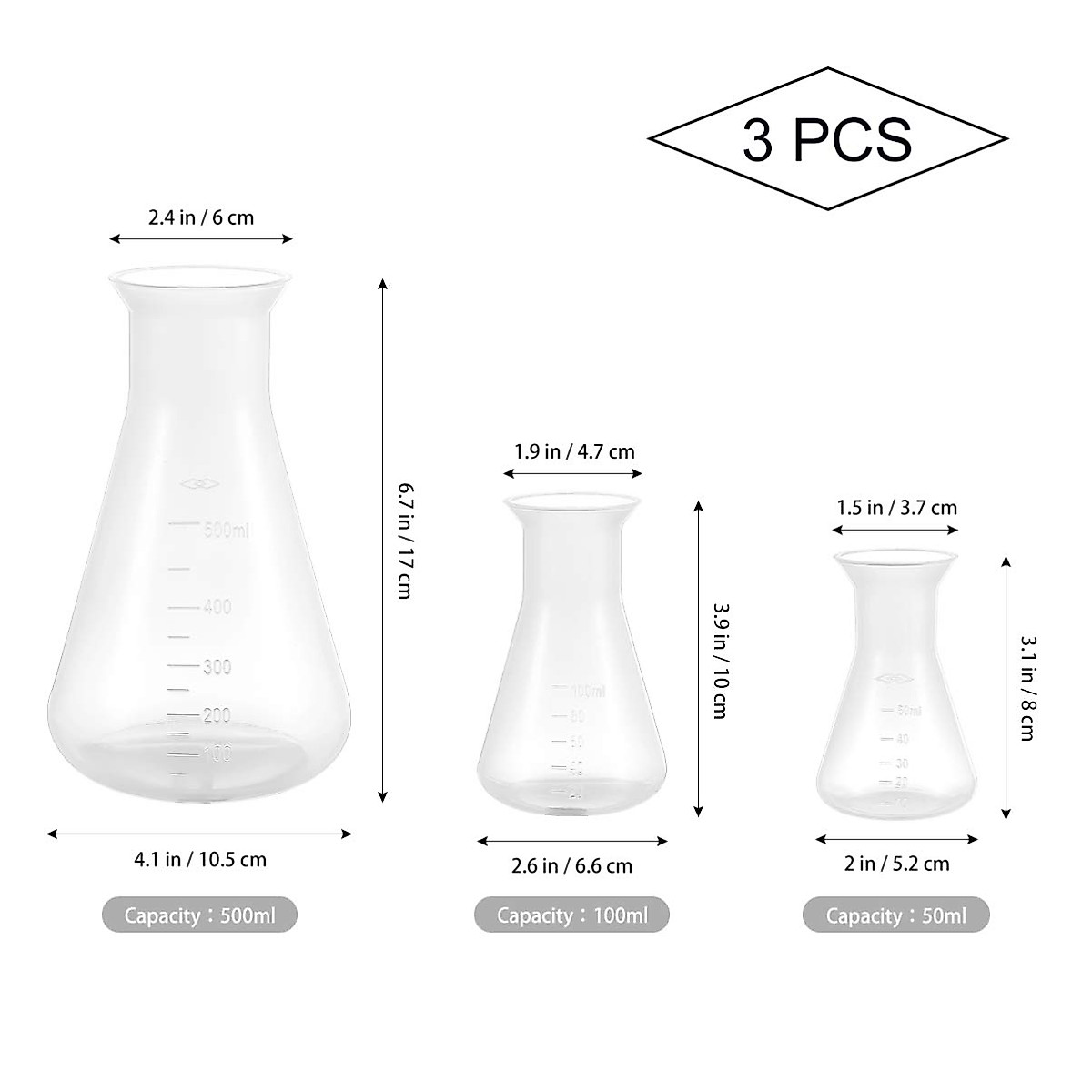 3Pcs Erlenmeyer Flask,Plastic Flask Conical Flask for Laboratory Students Educational Learning Toys(50ml+100ml+500ml)
