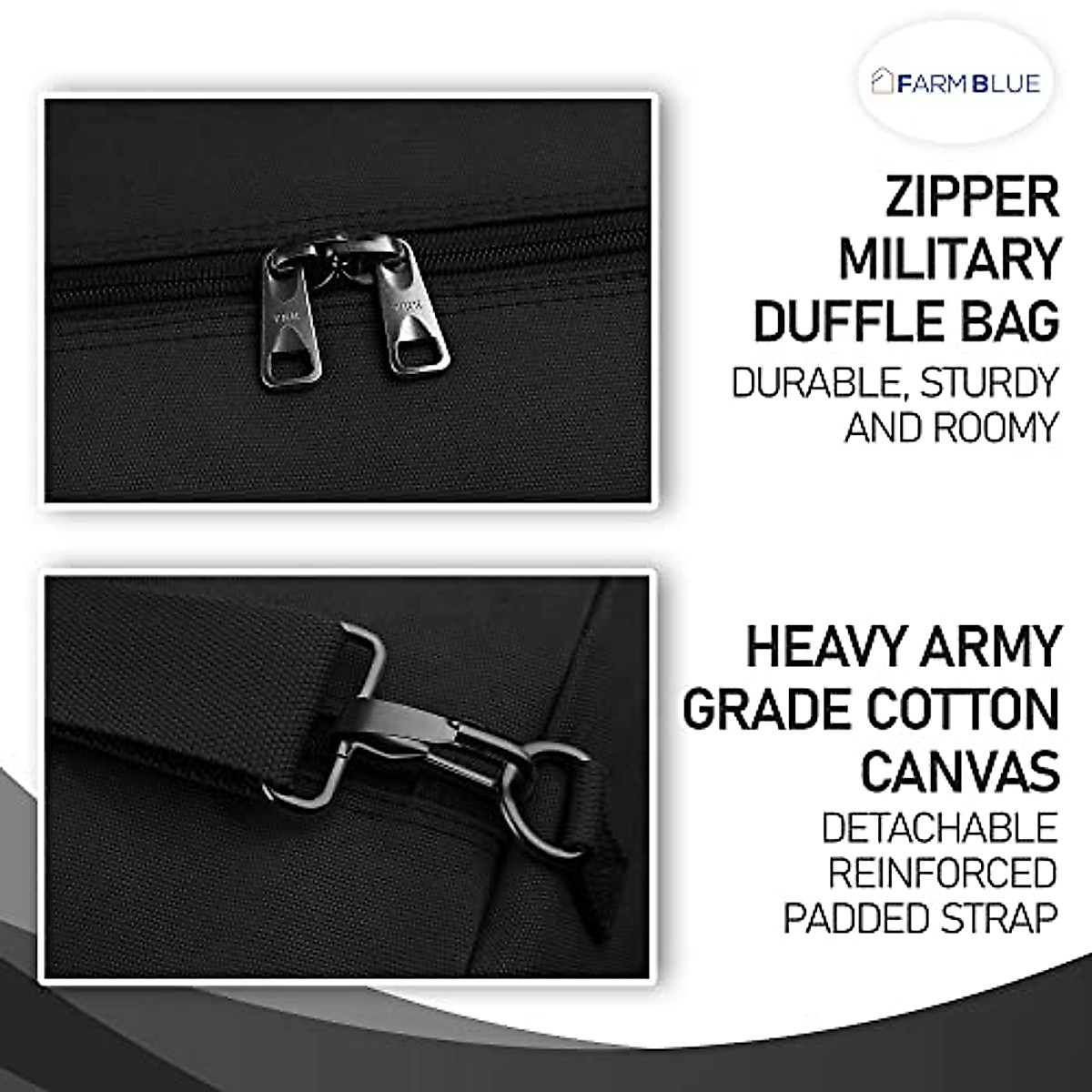 Farm Blue GI Style BLK Zipper Duffel Bag - 30"x 50" XX Large Heavy Duty Army Duffel Bags - Military Grade 18 OZ Canvas- Reinforced Camping Gear-Army Strong Zippers & 3 Grab Handles (Black, XX-Large)
