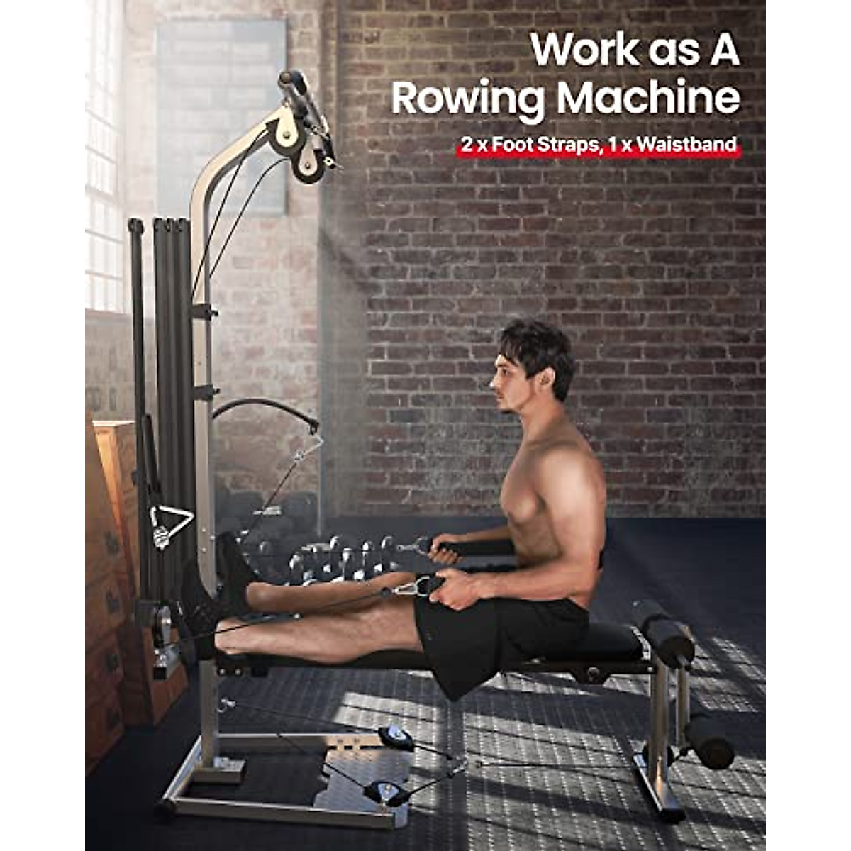 FITINDEX Home Gym Station 320lbs, Multifunctional Pulley Strength Machine with 63 Workouts, Rowing, Bench Press, Squat, Full Body Training Exercise Equipment for Women Men