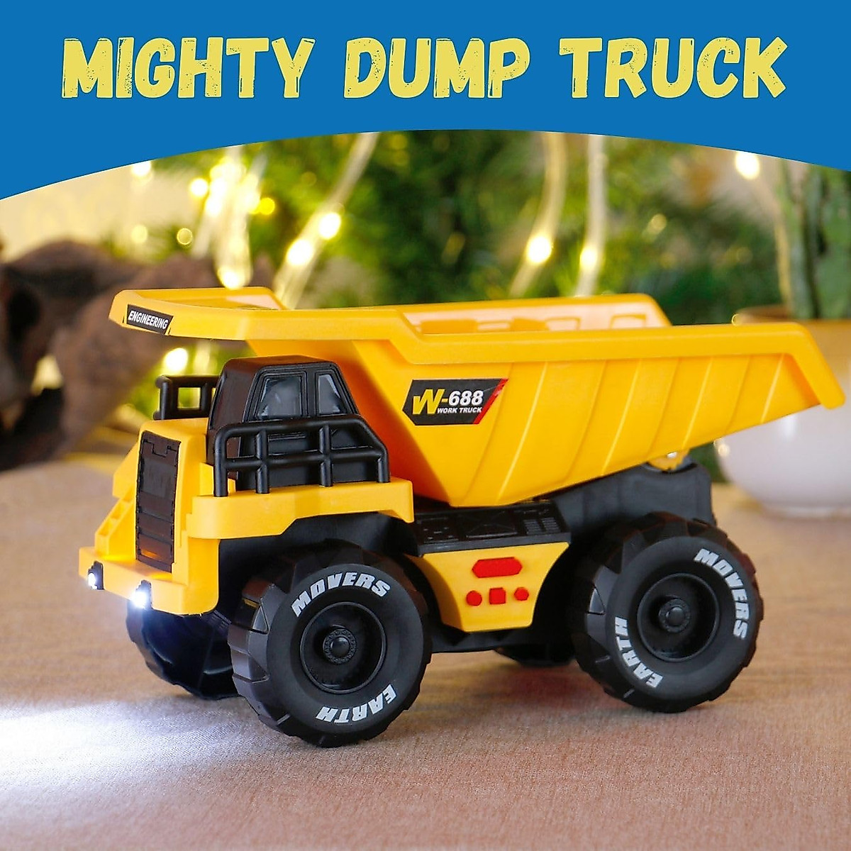 Big Construction Dump Truck Friction Powered Toy - 10-Inch Yellow Truck with Realistic Lights & Sounds, Lifting Bed, 4 Button Control Vehicle for Kids