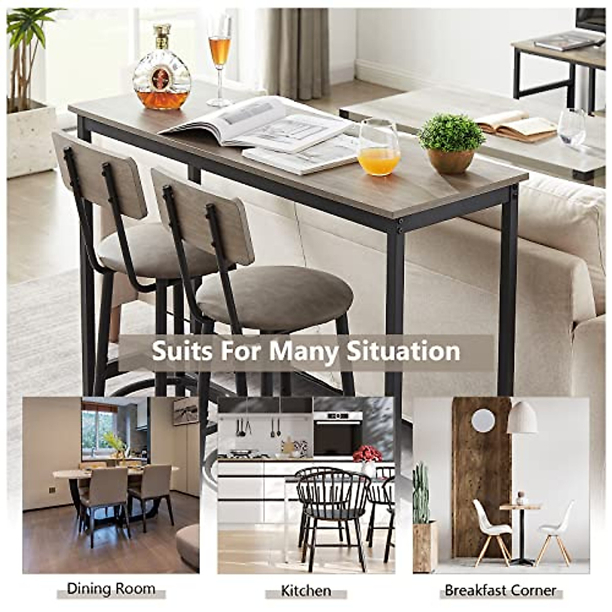 Sweiko Industrial Bar Table and Chair Set for 2 Counter Height Table and Stools with Backrest Rectangular Dining Table Set of 3 with PU Seat Chairs for Breakfast Nook Restaurant Apartment Grey