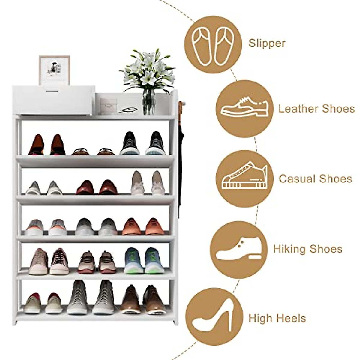 BURENMTO 5-Tier Wooden Storage Organizer, 29.5" Wide Vertical Shoe Rack for Closet Large Entryway Shoe Rack 15 Pairs Corner Tall Organizer Shoe Shelf with Drawer