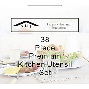 38-piece Kitchen Utensils Set Home Cooking Tools Gadgets Turners Tongs Spatulas Pizza Cutter Whisk Bottle Opener, Graters Peeler, Can Opener, Measuring Cups Spoons (Black)