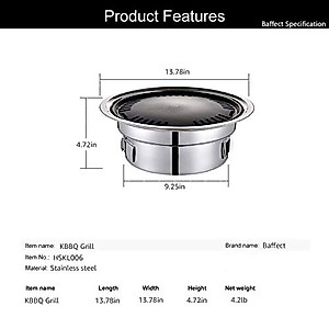 Baffect BBQ Charcoal Grill, 13.7 inch Non-stick Stainless Steel Korean Barbecue Grill, Portable Charcoal Stove for Outdoors Camping Picnic and Indoor Party Cooking