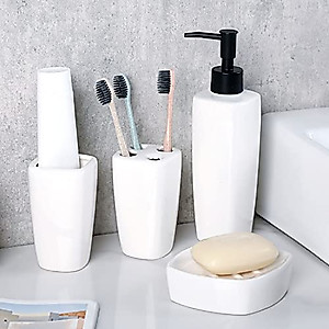 MyGift 4 Piece Ceramic White Bathroom Accessories Set Includes Lotion Dispenser with Matte Black Pump, Toothbrush Holder, Tumbler and Soap Dish