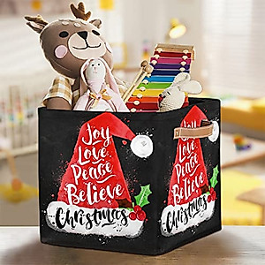 Large Collapsible Storage Bins,Christmas Hat Decorative Canvas Fabric Storage Boxes Organizer with Handles,Cube Square Baskets Bin for Home Shelves Closet Nursery Gifts