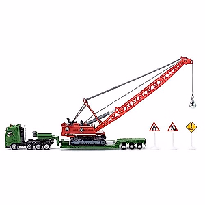 Heavy Haulage Transporter Green and Liebherr Cable Excavator Red with Wrecking Ball and Signs 1/87 (HO) Diecast Models by Siku SK1834