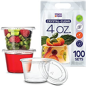 [4 oz -100 Count] Disposable Mini Plastic Souffle Cups with Lids- Jello Shot Cups, Jell-O Portion Cups, 4 Ounce Dipping Sauce Ramekins, Salad Dressing Container Cup ,Small Plastic Condiment Containers