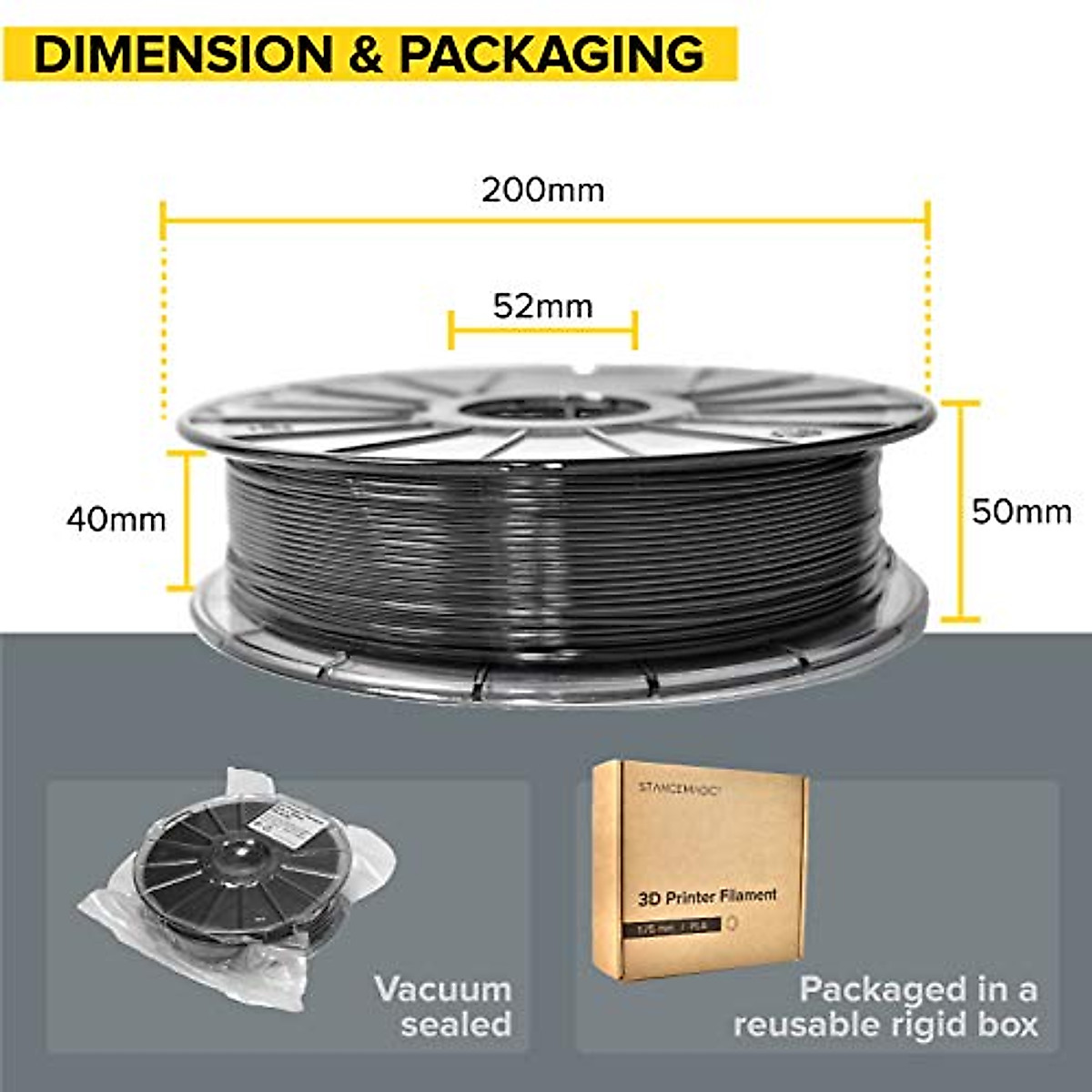 StanceMagic Black 3D Printer Filament 1.75mm PLA for 3D Printers, FDM Printers, 3D Pens, 0.8kg (1.75lbs) Pack